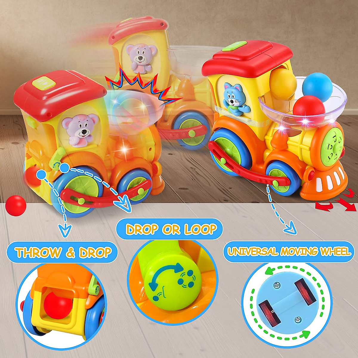 Toys 18-24 Months Drop and Go Train Toys for 2 3 4+ Year Old Boys Girls Kids Early Educational Toddler Toys 18 to 24 with 3 Balls/ Light/ Talking/ Music Christmas Birthday Gifts Toys for 6 8 9 12M