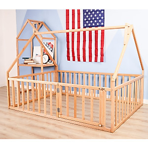 BUSYWOOD House Wooden Playpen - Montessori Floor Bed with Safe Gate - Toddler Bed - Floor Bed - Frame with Fence and Door - Toddler Bedroom Furniture - Full, Twin, Queen, King size (Model 6)