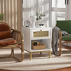 Ecoprsio Nightstands Set of 2 for Bedroom, Boho Bed Side Table with Storage Drawer, Mid-Century Modern Night Stand with Wood Finish and Rattan Drawer, End Table, Sofa Couch Side Table - White
