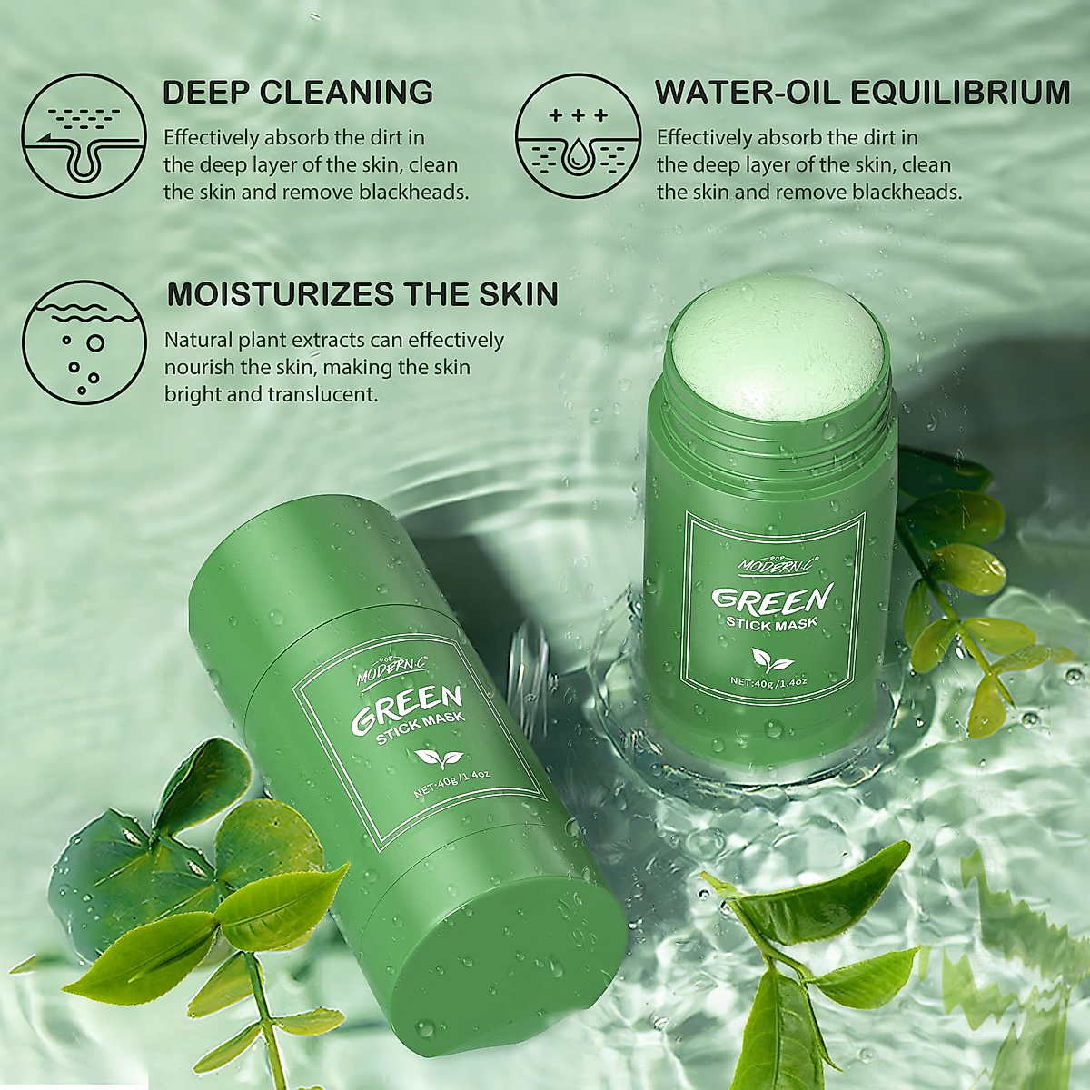 POP MODERN.C Green Tea Stick Mask Blackhead Remover Mask Deep Cleansing Moisturizing Nourishing Hydration Pore Improve Acne Face Mask Skin Care With Blackhead Remover Extractor Tools