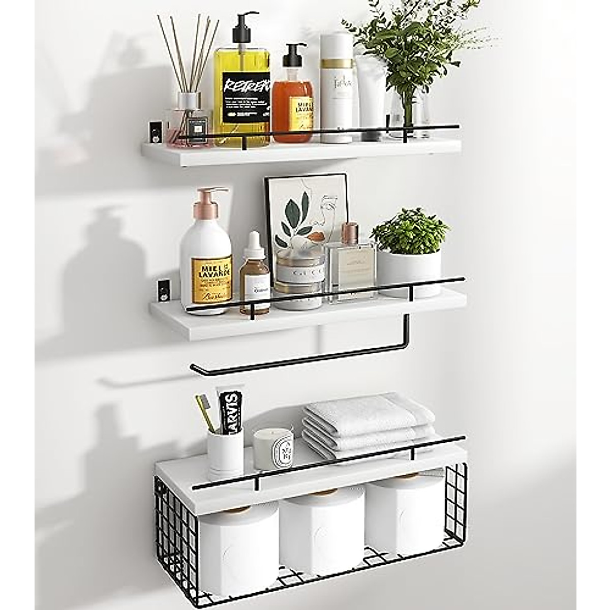 Mefirt Floating Shelves, 3+2 Tier Bathroom Shelves with Paper Towel Holder & Towel Bar, Wood Wall Décor Shelves Over Toilet with Wire Storage Basket & Guardrail, Farmhouse Floating Shelf - White