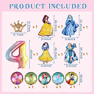 11PCS Princess Birthday Party Foil Balloons-40 Inch Rainbow Number 4 Balloons Girls Favorite Princess Baby Shower Party Decorations(Princess 4rd Birthday) (4th)