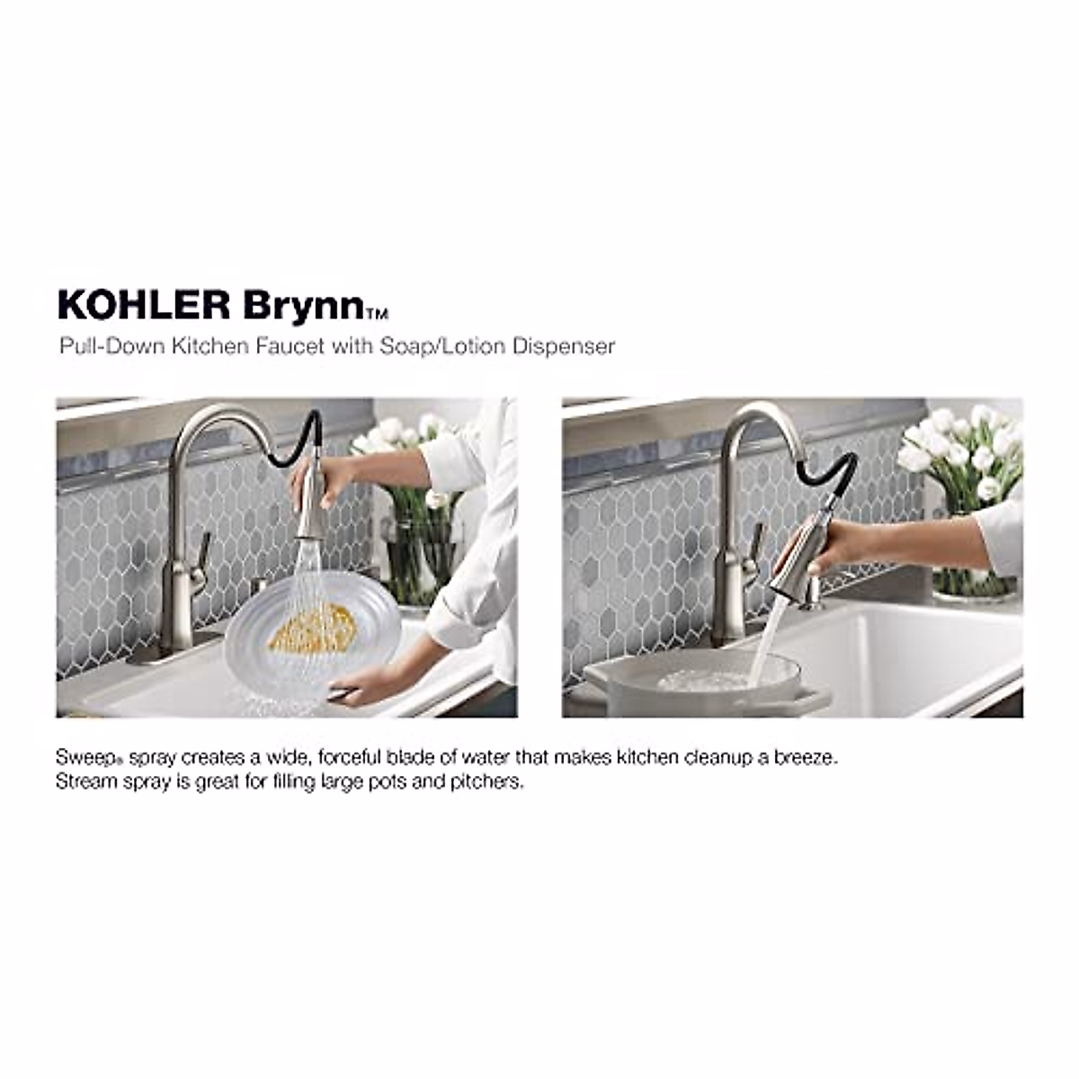 KOHLER Brynn Pull Down Kitchen Faucet, 2 Function sprayhead, Magnetic Docking, Stainless Steel, K-R23089-SD-VS