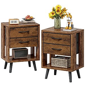 GYIIYUO Nightstands Set of 2 with 2 Fabric Storage Drawers and Open Wood Shelf, Side Table with Storage for Bedroom, Night Stand with Drawer for Bedroom, Bedside Tables - Rustic Brown