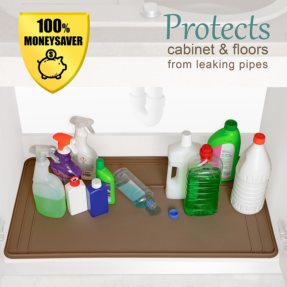 The Original Under Sink Mat - Silicone Waterproof mat, Adjustable, Easy to Clean, Kitchen cabinet liner, Disifenction Surface - 34" x 22" or smaller