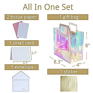 VUOJUR 8.3'' Holographic Reusable Small Gift Bag with Tissue Paper and Card for Women Girls Birthday Baby Shower Wedding Anniversary(Pink & White)