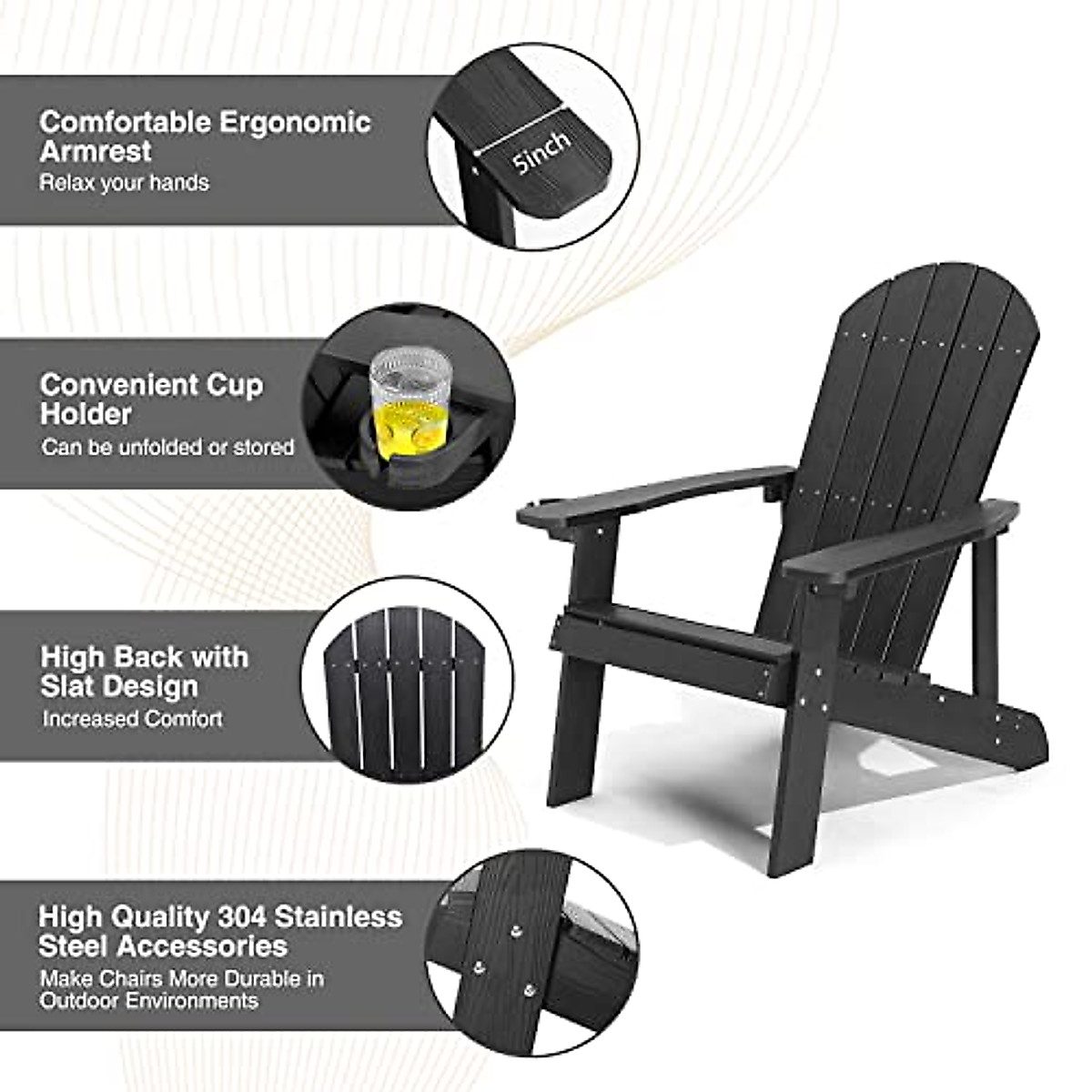 hOmeQomi Adirondack Chair, All Weather Resistant Plastic Chairs with Cup Holder, 5 Easy Steps to Install, Outdoor Chairs for Patio, Garden, Backyard Deck, Lawn, Fire Pit - Black