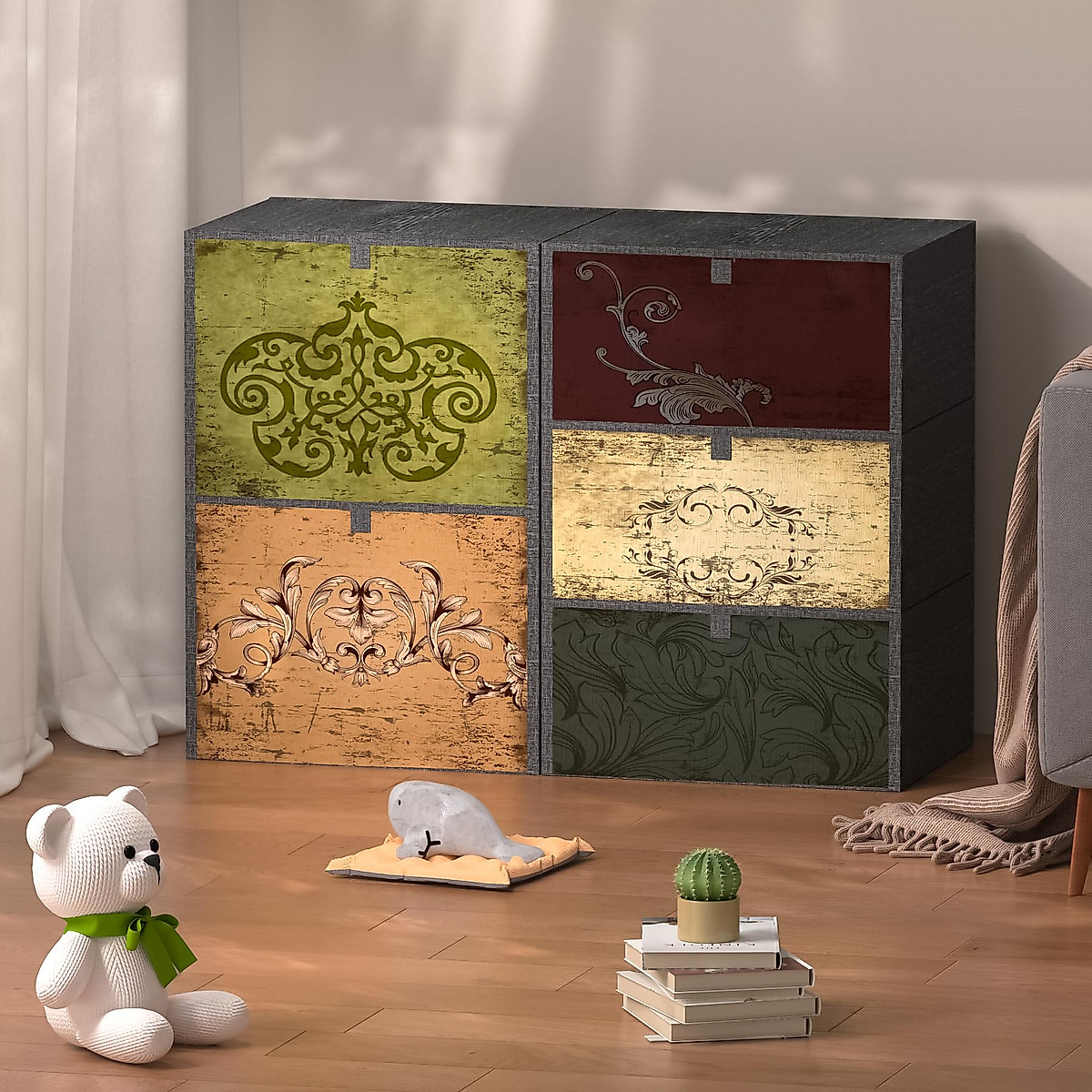 VASICAR 5 Pack Stackable Storage Boxes with Metal Frame & Pull-down Lid, Foldable Storage Cube Bins Shoe Containers Boxes for Bedroom, Pattern