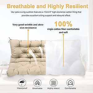 Porch Swing Cushion with Backrest,Waterproof Bench Cushion for Outdoor Furniture,2-3 Seater Replacement Thickened swing cushion with Ties,Patio,Outdoor,Backyard and Garden (Light Coffee,40x40")