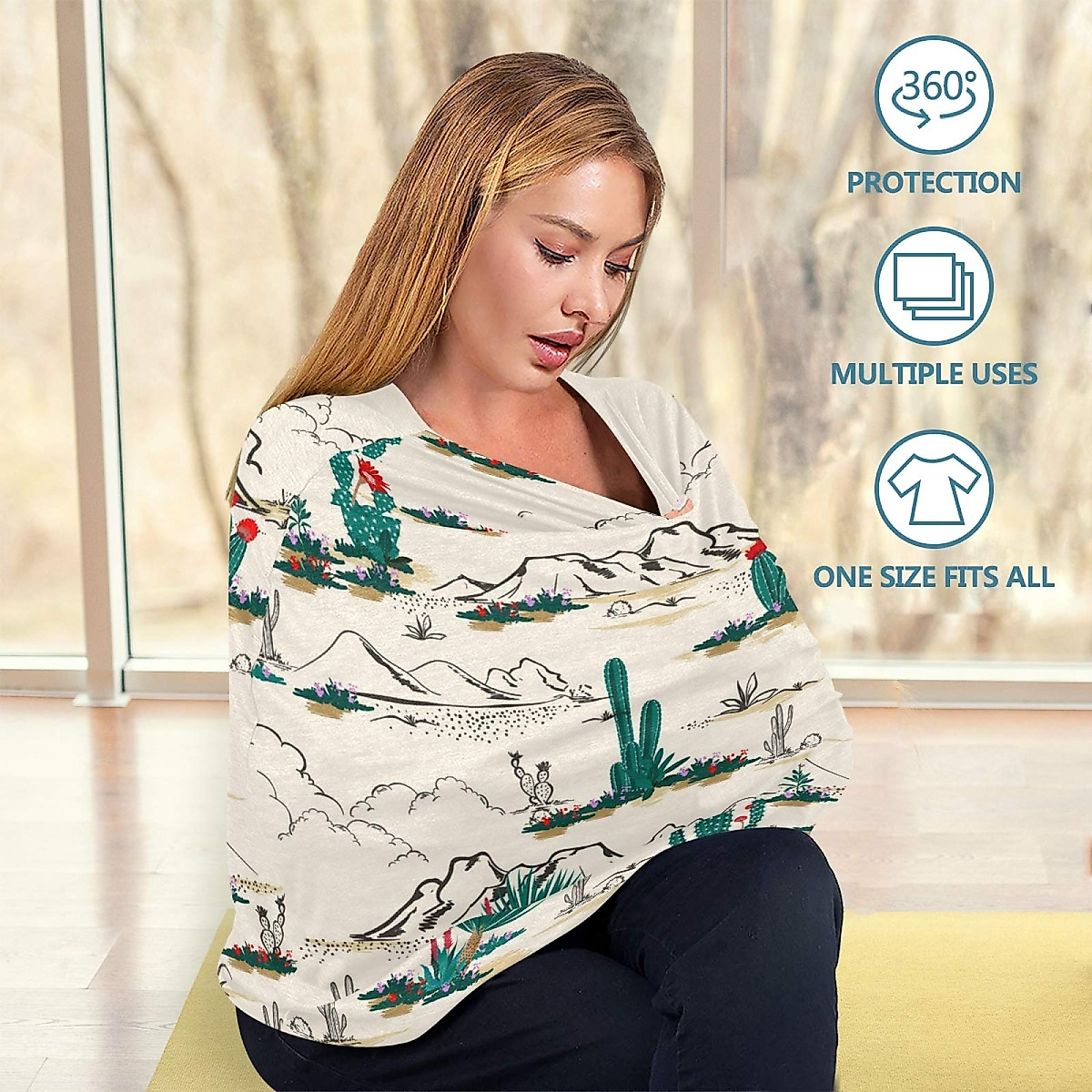 Blueangle Desert Cactus Baby Car Seat Cover Canopy Stretchy Soft Nursing Breastfeeding Cover Multi-Use Breathable Stroller Cover