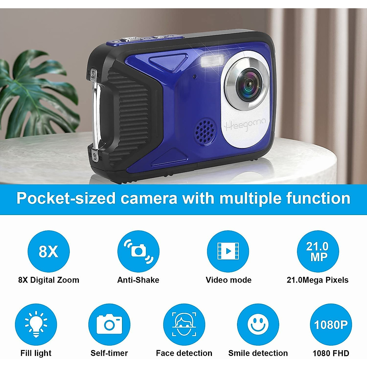 Waterproof Digital Camera 1080P 21MP Underwater Kids Camera with 2.8" LCD Screen 8X Digital Zoom Rechargeable Point and Shoot Camera Compact Portable Digital Camera for Kids Students,Teens Blue