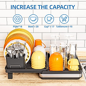 G-TING Dish Drying Rack, Expandable (11.8"-20.5") Large Capacity Dish Rack, Dish Drainer with Stainless Steel Cutlery Rack and Cutlery Bucket, Drying Rack for Kitchen Counter