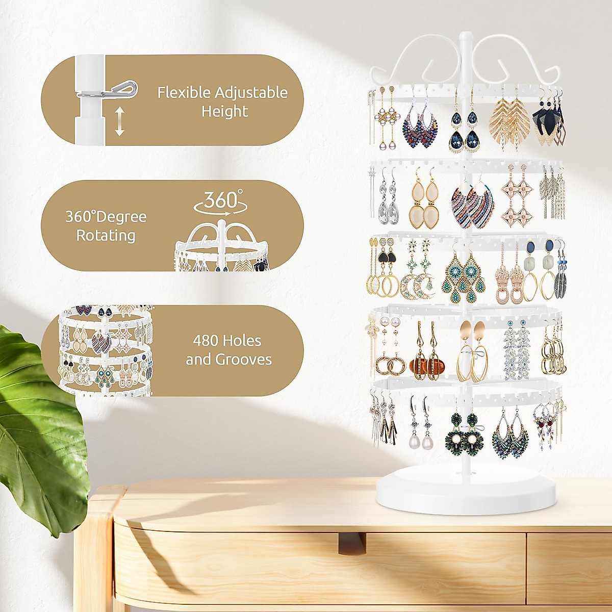 LASZOLA 5 Tiers Metal Earring Holder Organizer, Stable Rotating Jewelry Display Stand for Women Girls, 400 Holes and Grooves Earring Spin Table Rack Tower Tree for Necklace Bracelet Ring - White