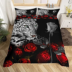 Rose Cheetah Duvet Cover King Size Wedding Valentine's day Bedding Set Black White Leopard Comforter Cover For Adults Men Women wild animal Quilt Cover 2 Pillow Cases Couple Bedroom Decor Red