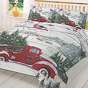 Twin Comforter Cover Set - Soft and Breathable Bedding Sets, Rustic Farmhouse Red Vintage Truck Christmas Tree Cardinal Bird 3 Pieces Light Weight Bed Sets with 1 Duvet Cover and 2 Pillowcases