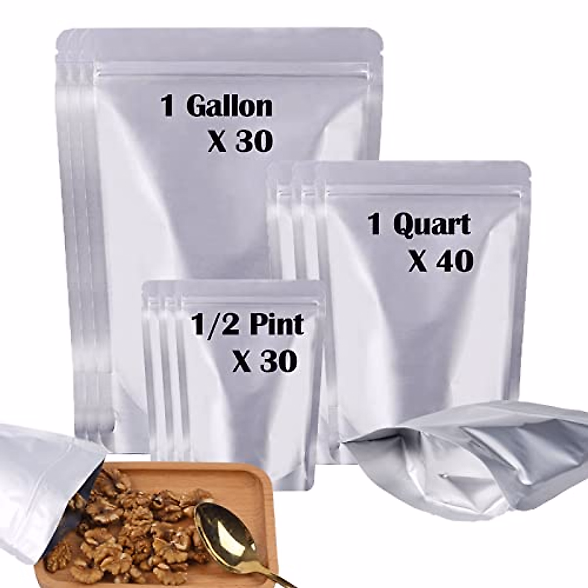 YunKo 100 PACK Mylar Bags for Food Storage Resealable Zippered Foil Bags Sealable Packaging Bags Stand Up Bags For Coffee Bean，Tea (10"X14", 7"x10", 5"x8")