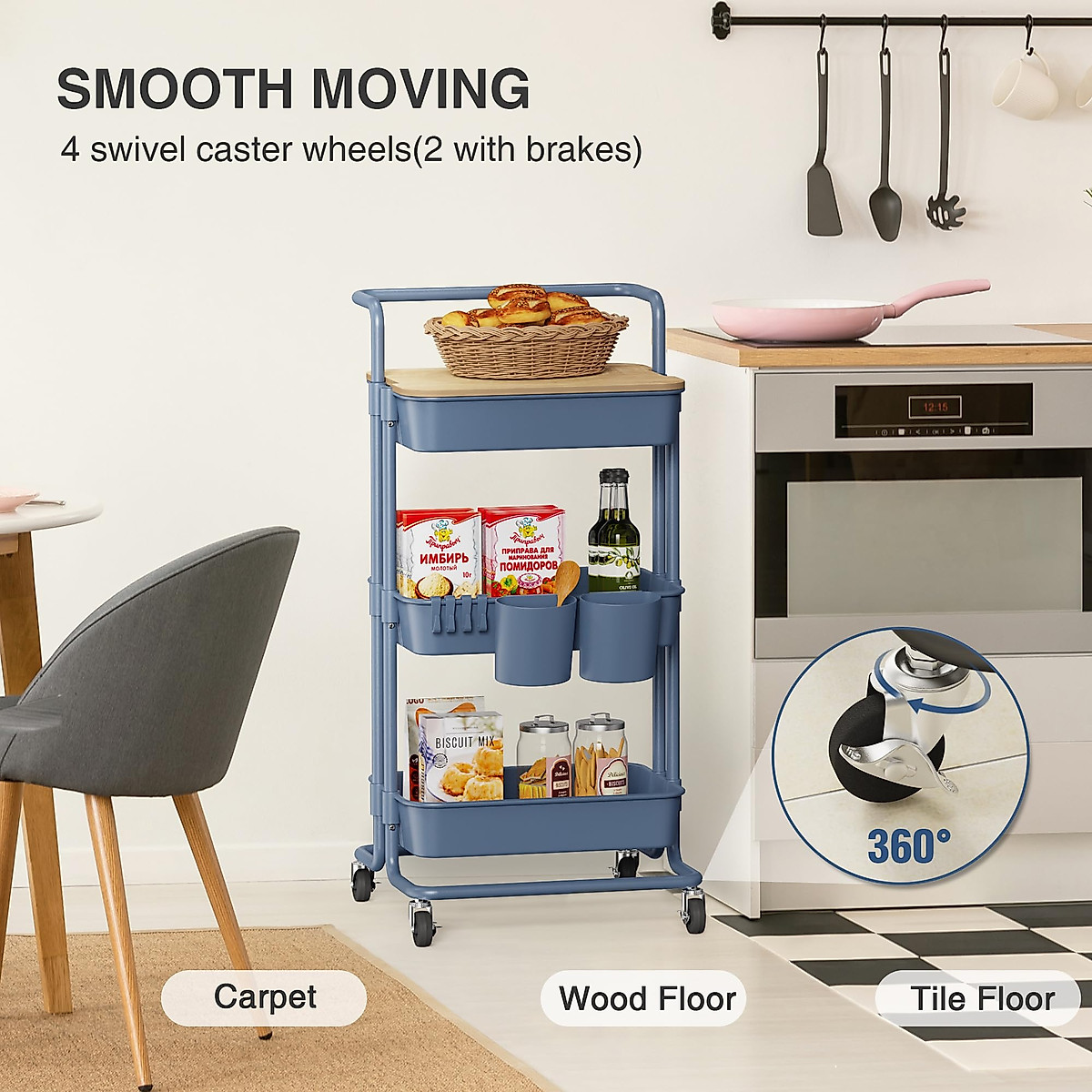 DTK 3 Tier Utility Cart with Cover Board, Rolling Cart with Lockable Wheels, Cups, Hooks for Home Office, Art Craft Storage, Home School Organization and More Uses(Blue)