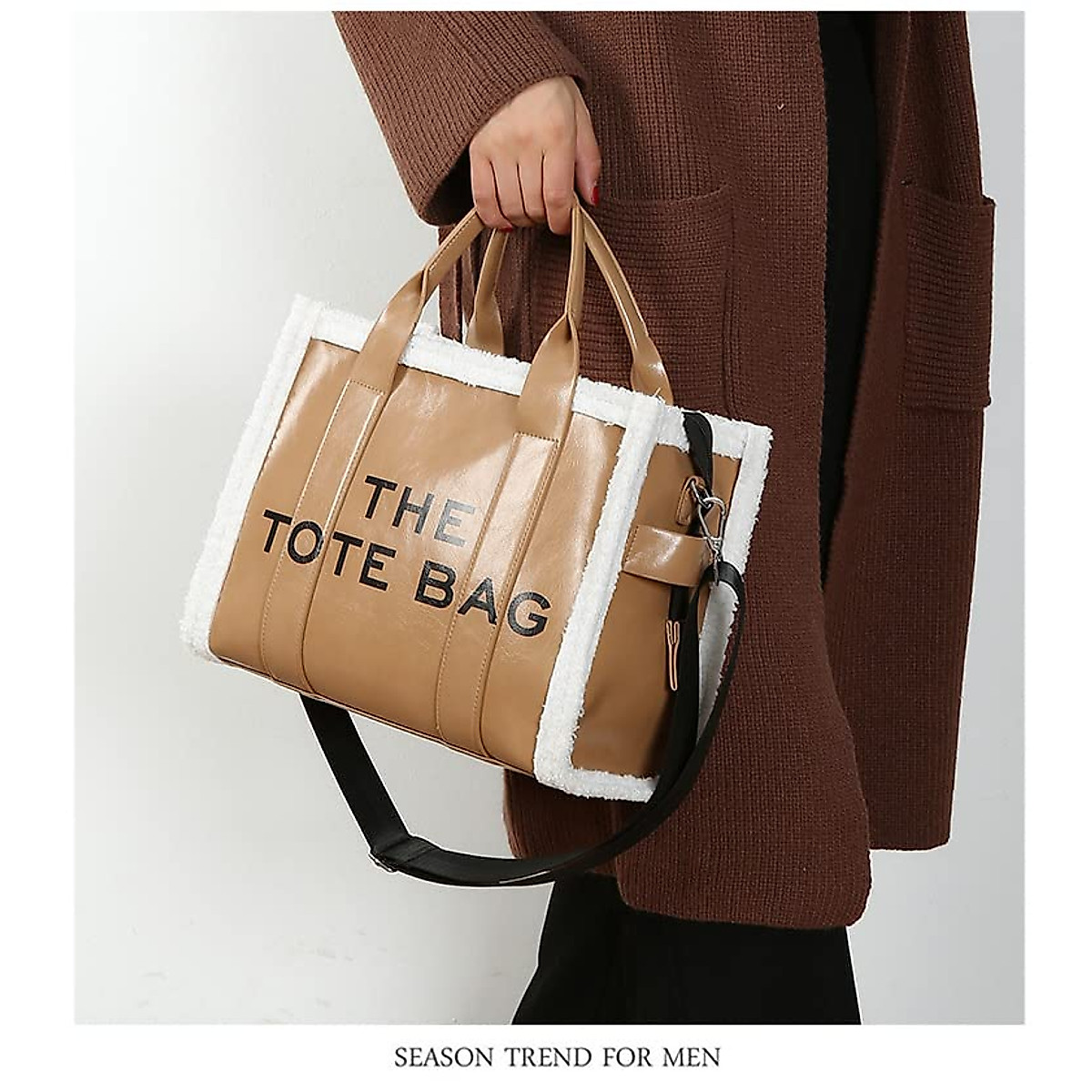 Tote Bag for Women, PU Leather Tote Bag with Lamb Wool, Shoulder Crossbody Bag for Work/Travel (Khaki)