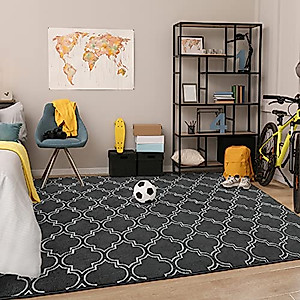 Chicrug Shag Geometric Modern Area Rug for Bedroom, 5x7 Feet Memory Foam Indoor Carpet, Fluffy Rug for Living Room Bedside Room Decor for Family Girls Kids Nursery Play Mat, Dark Grey/White
