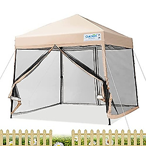 Quictent 9'x9' Slant Leg Pop up Canopy Tent with Mosquito Netting, Instant Screen House Room Tent Gazebo, Easy Set up, Tan