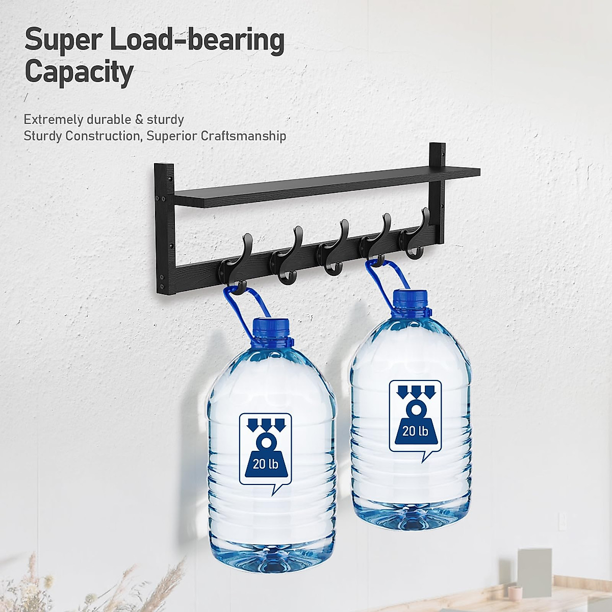 Tatub 29'' Coat Rack Wall Mount with Shelf, Wood Wall Hooks with Storage, Entryway Shelf with 5 Coat Hangers for Bathroom, Living Room, Bedroom, Black