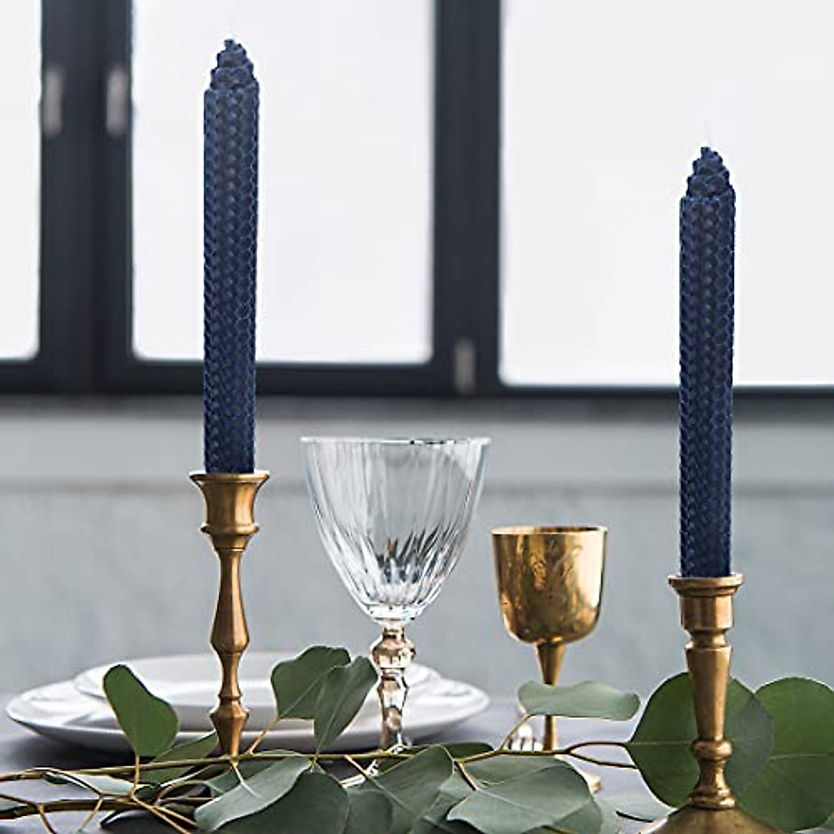 DEYBBY 8" Hand-Rolled Beeswax Taper Candles 6 Pack,Pure Natural Honeycomb Bee Wax Candle Cone Top,4Hour Burn Time(Navy Blue)