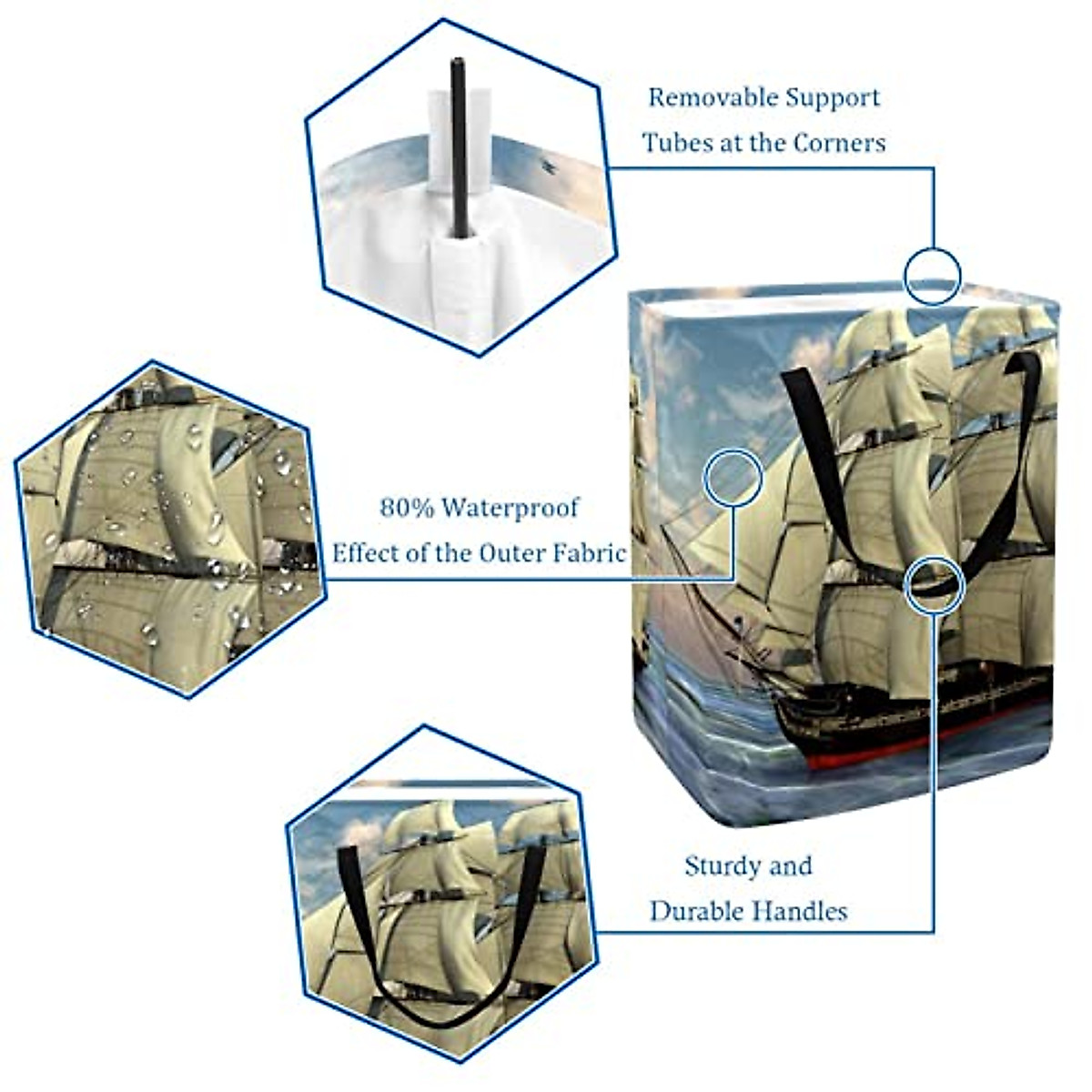 Sailing Shits in Ocean Print Collapsible Laundry Hamper, 60L Waterproof Laundry Baskets Washing Bin Clothes Toys Storage for Dorm Bathroom Bedroom