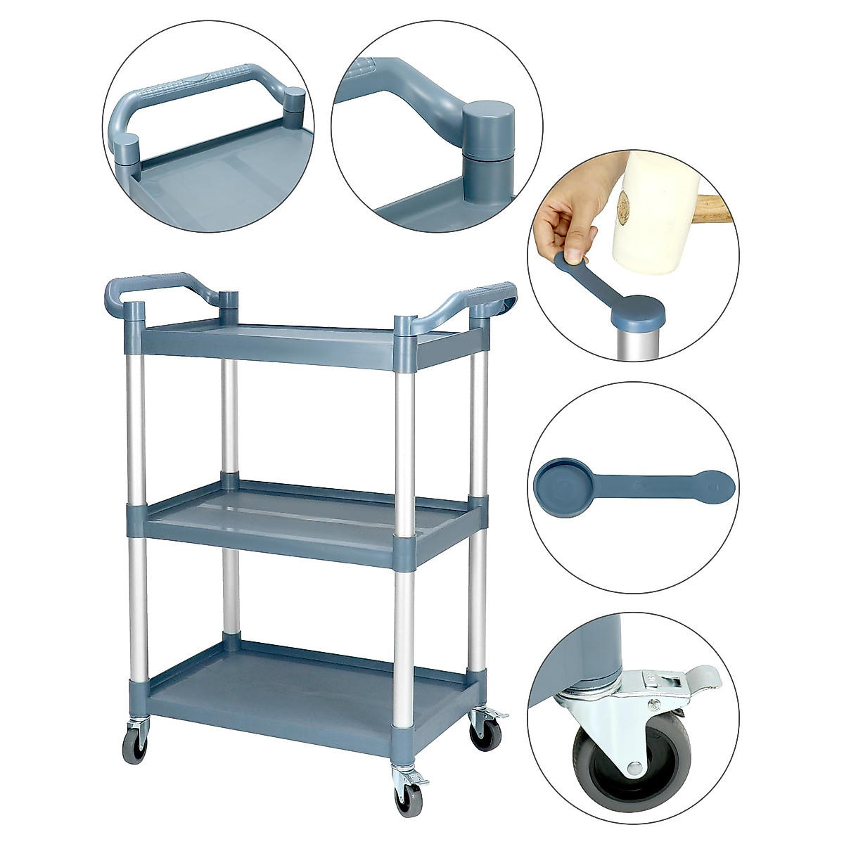 QWORK Plastic Utility Cart with Wheels Lockable, 3-Tier Rolling Push Cart Bus Cart for Restaurant, Kitchen, Gray