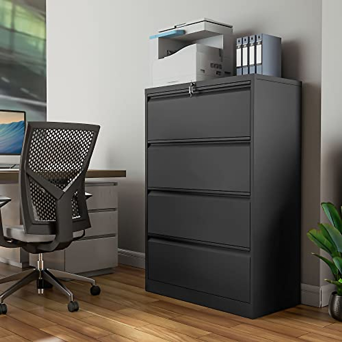 YITAHOME Lateral Filing Cabinet with Lock, 4 Drawer Metal Stainless Steel Wide Lateral File Cabinet for Legal/Letter A4 Size, Office Organizer Storage Cabinet (Black)