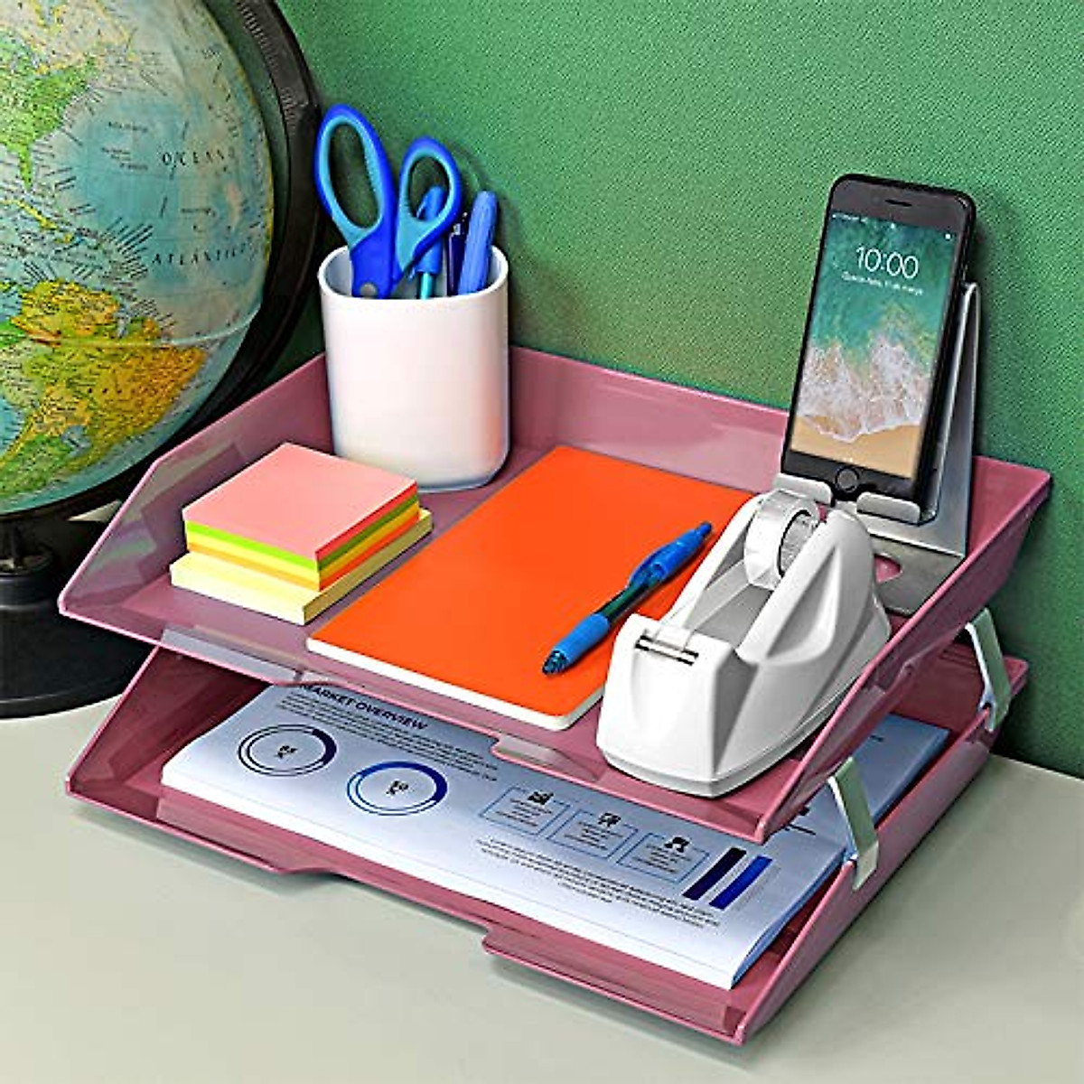 Acrimet Facility 2 Tier Letter Tray Side Load Plastic Desktop File Organizer (Solid Pink Color)