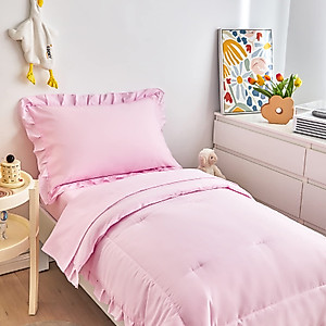 4 Pieces Pink Toddler Bedding Set with Ruffle Fringe, Solid Color Toddler Bed Set - 1 Toddler Comforter + 1 Fitted Sheet +1 Flat Sheet +1 Pillowcase for Baby Boys and Girls