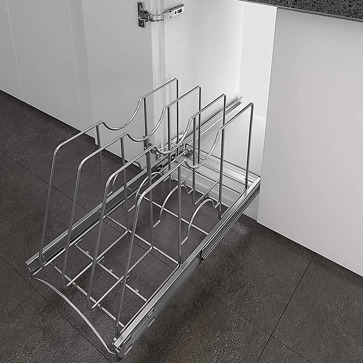 Slide Out Organizer for Cutting Board, Pan, Bakeware, and Tray - Pull Out Kitchen Cabinet Rack - (11W x 22D x 11.8H inch, Chrome)