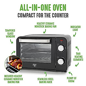 Green Life Mini Oven, Black, Healthy Ceramic Nonstick, Compact Size, Bake, Broil, Toast, Pizza Capability, Aluminized Steel Baking Pan, Stainless Steel Baking Rack, Chromed Steel Pan Handle
