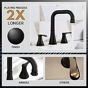 Bathroom Faucets, ARRISEA Bathroom Faucets for Sink 3 Hole Black Bathroom Sink Faucet with Built-in Strainer Pop-up Drain, 8 Inch Wide-Spread Faucet for Bathroom Sink, BF057-1-MB