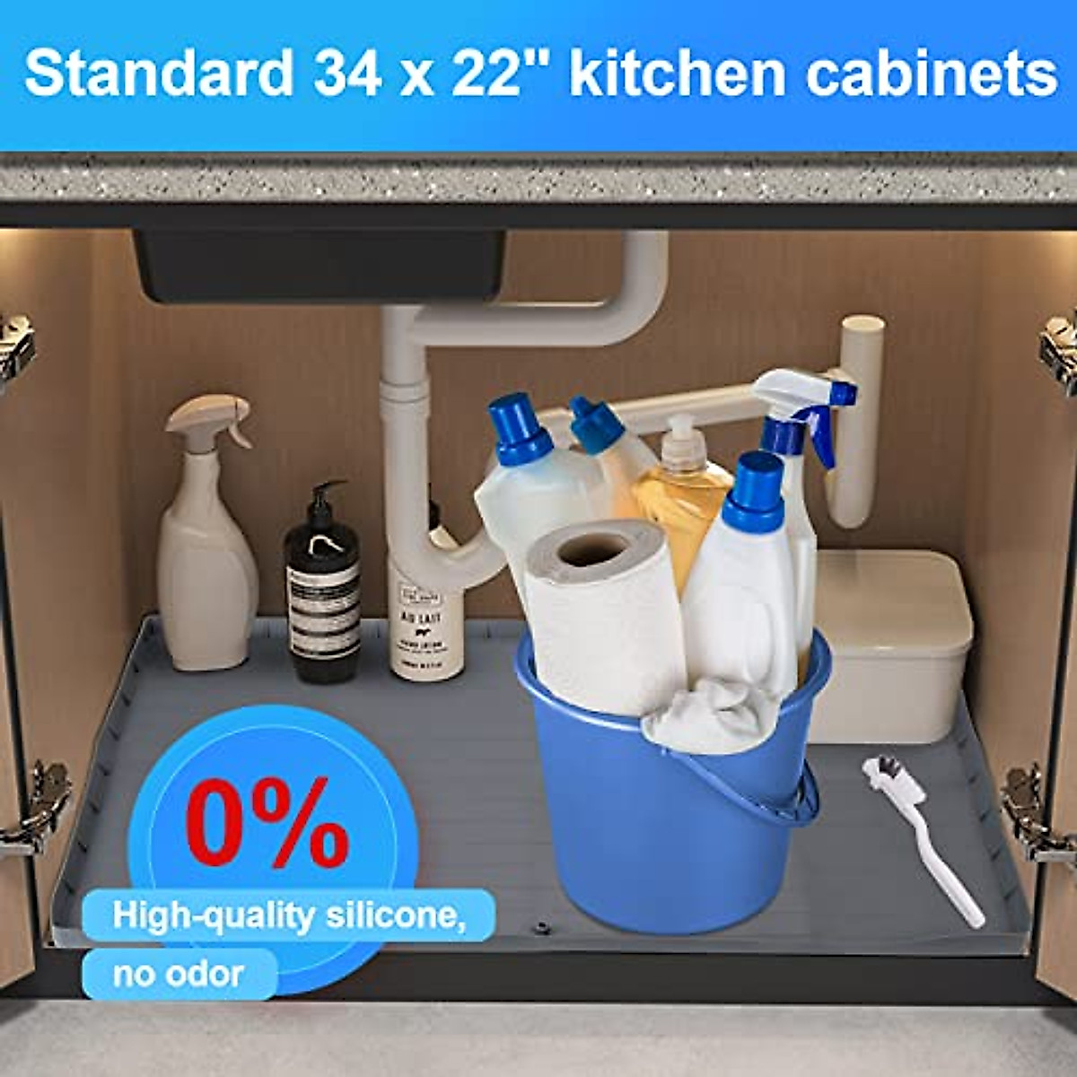 Under Sink Mats for Kitchen Waterproof | Under Sink Cabinet Mats and Protectors, 34" x 22" Silicone Under Sink Drip Tray ,Cabinet Mat Liner Protector for Kitchen Bathroom