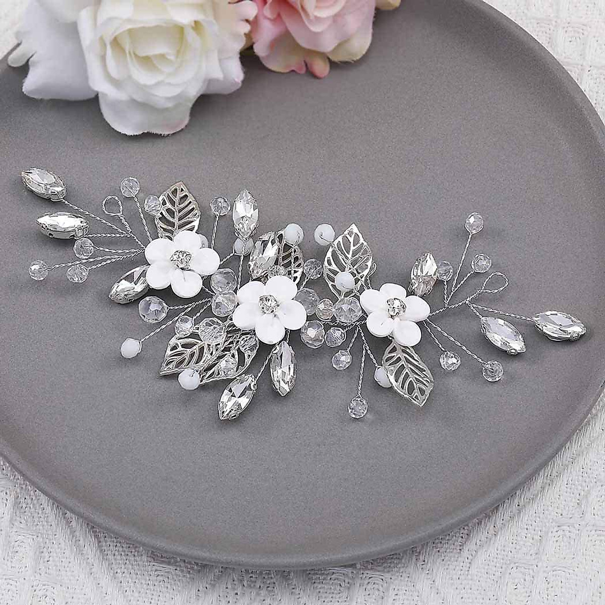 Unicra Silver Flower Bride Wedding Hair Vine Leaf Bridal Hair Piece Rhinestone Hair Accessories Beaded Headpieces Jewelry for Women and Girls (Silver)