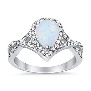 Blue Apple Co. Lab Created White Opal Size-5 Pear Teardrop Halo CZ Twisted Split Shank Promise Ring Statement Wedding Engagement Rings For Women 925 Sterling Silver Gifts For Her
