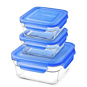Snaplock Lid Tempered Glasslock Storage Square Containers 3pc set Combo with Blue Lid - Microwave & Oven Safe Spill Proof