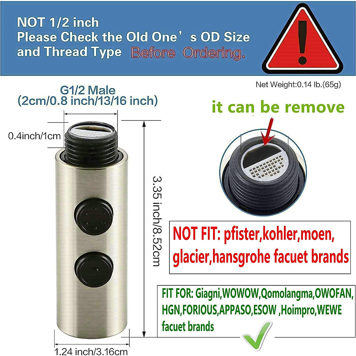 PULL Down kitchen faucet spray head G1/2 male or 13/16inch 2 Functions kitchen faucet head Replacement Part Pull Out Spray Head Kitchen Faucet Compatible for kraus/Giagni facuet brands Brushed Nickel