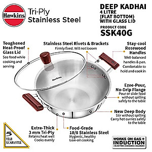 HAWKINS Tri-Ply Stainless Steel Induction Compatible Deep Kadhai (Deep-Fry Pan) with Glass Lid, Capacity 4 Litre, Diameter 28 cm, Thickness 3 mm, Silver (SSK40G)