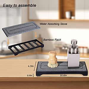 Sponge Holder Quick Dry Kitchen Sink Caddy Diatomaceous Earth Stone Drying Mat Bathroom Countertop Organizer Soap Dish Tray for Counter, Vanity, Bamboo Rack - Black