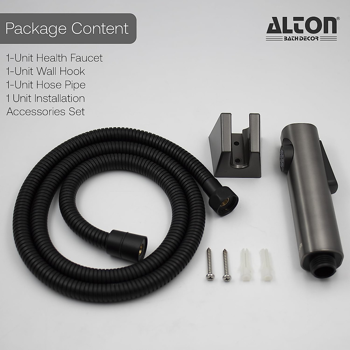 ALTON SHR20855 ABS Health Faucet with SS-304 Grade 1.25 Meter Flexible Hose Pipe and Wall Hook, Grey & Black (Jet Spray for Toilet)