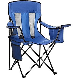 Amazon Basics Portable Camping Chair with 4-Can Cooler, Side Pocket, Cup Holder, and Carry Bag, Collapsible for Camping, Tailgates, Beach, and Sports, Large, Mesh Back, Blue