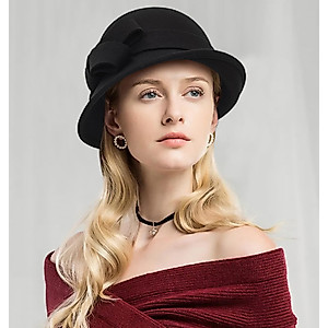 Womens Winter-Cloche-Hat 1920s Classic-Church-Dress Wool-Felt-Bucket-Hats with Flowers(M-L)