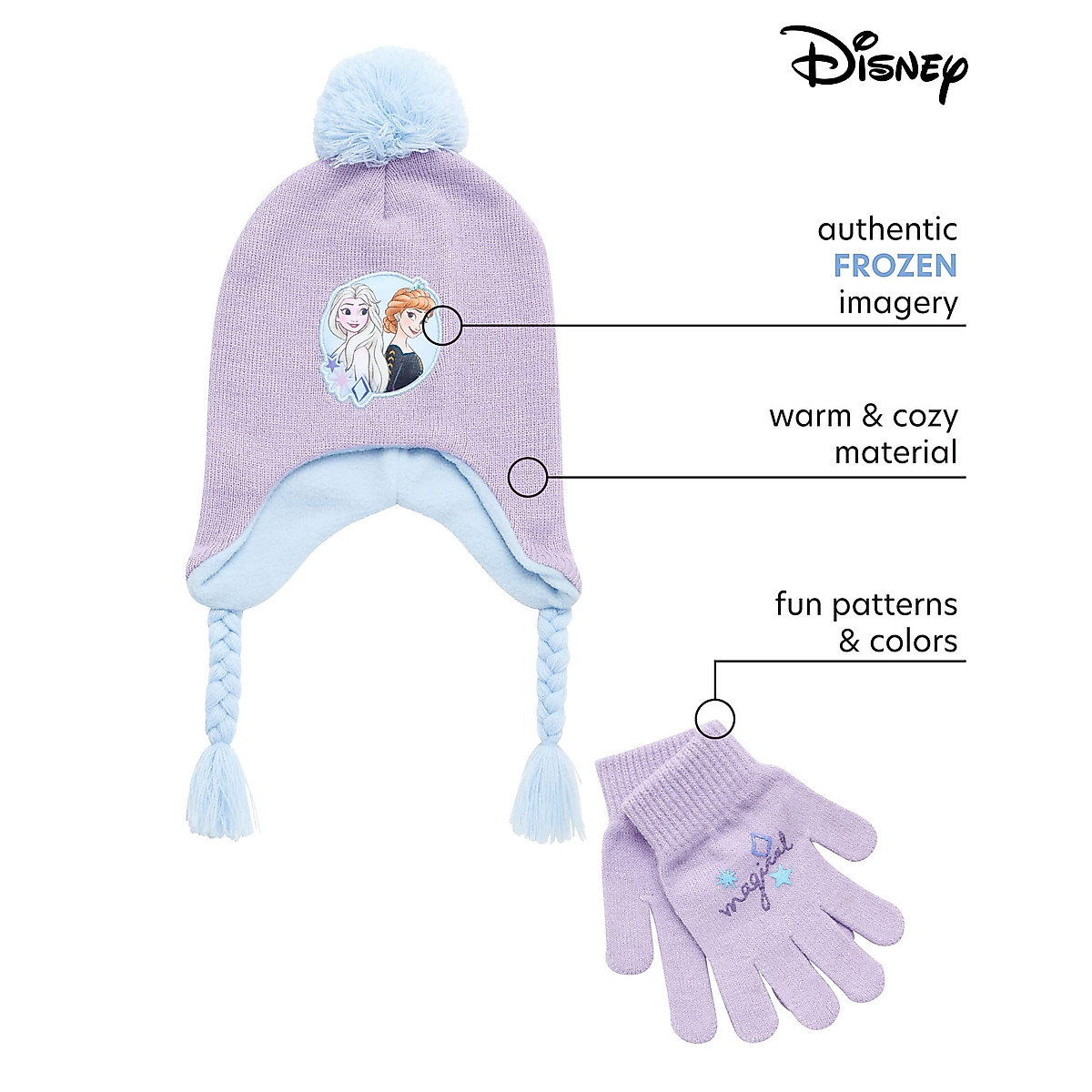 Disney Girls’ Winter Set: Ear Flap Beanie Hat, Gloves or Mittens: Elsa, Anna, Princess (Age: 2-7), Size Age 4-7, Purple Glove