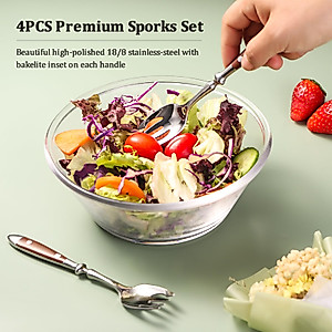 CherHome Metal Sporks Set of 4，Premium Stainless Steel 18/8 Salad Spoons with Comfortable Bakelite Handle，Salad Forks Spork for Salad，Fruit，Dessert，Appetizer，Wood Grain Handle