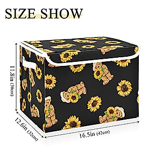 innewgogo Cute Bear and Sunflower Storage Bins with Lids for Organizing Decorative Callapsible Storage Basket with Handles Oxford Cloth Storage Cube Box for Clothes