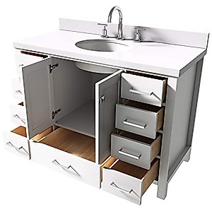 ARIEL Bathroom Vanity 49" Inch in White with Pure White Quartz Countertop, Oval Sink, 2 Soft Closing Doors and 9 Full Extension Dovetail Drawers, No Mirror