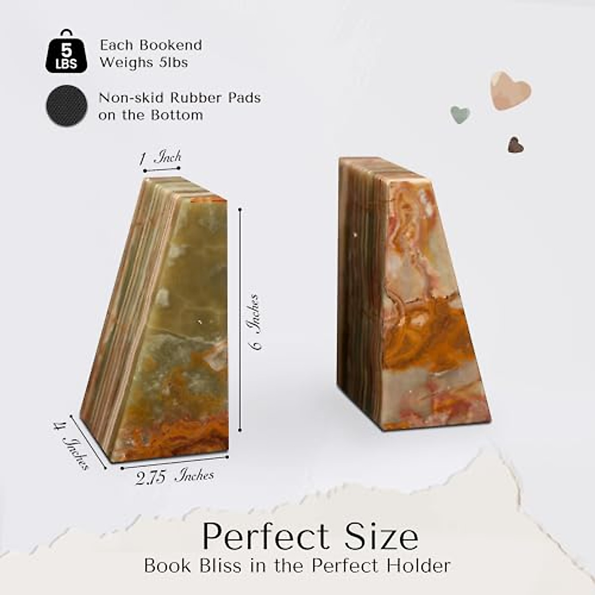 Modern Wedge Marble Bookends – Hand Carved, Polished Stone Bookends w/Non-Slip Rubber Pads – Lightweight & Compact Decorative Bookends (Whirl Green Onyx)