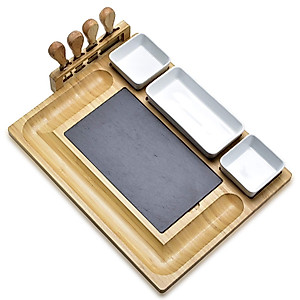 Bamboo cheese board and cheese knife set: large specialty dish board set and cheese platter - unique family warm keeping gift, new home, wedding anniversary and wedding gift, bride shower gift